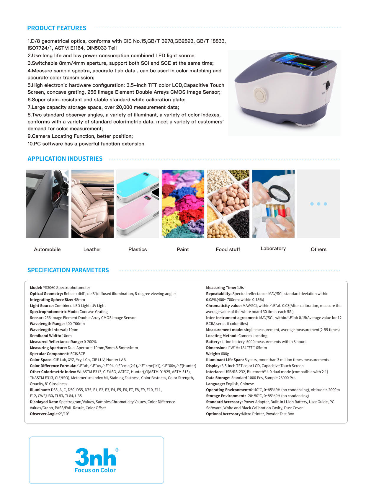 3nh รุ่นYS-3010เครื่องวัดสเปกโตรมิเตอร์แบบมือถือพกพาสะดวกYS3010 Handheld Spectrophotometer with ...