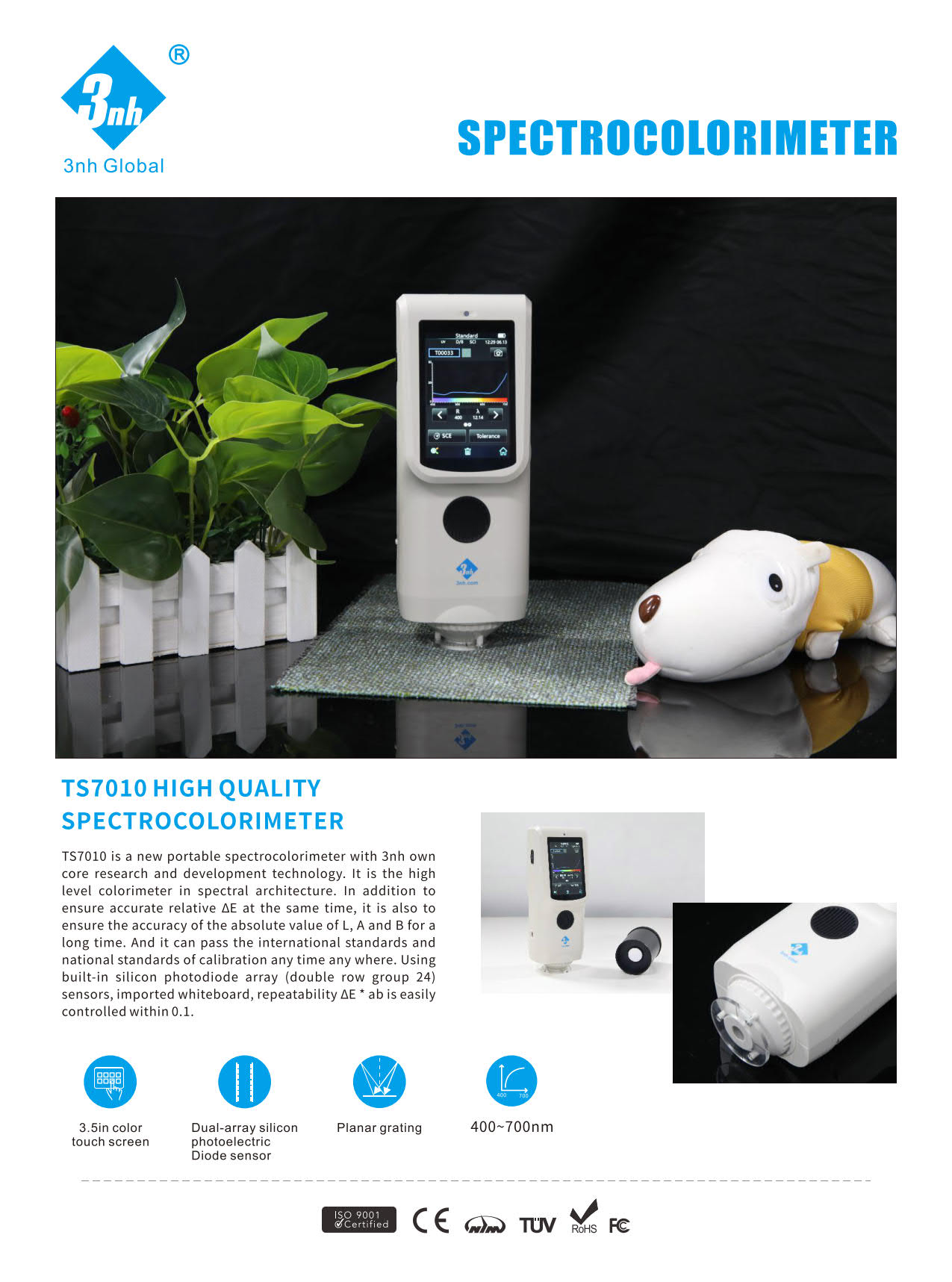 3nh รุ่นTS-7010เครื่องวัดสีขนาดพกพาPortable Spectrocolorimeter/Geometry:D/8,Apertures:∅8mm ...